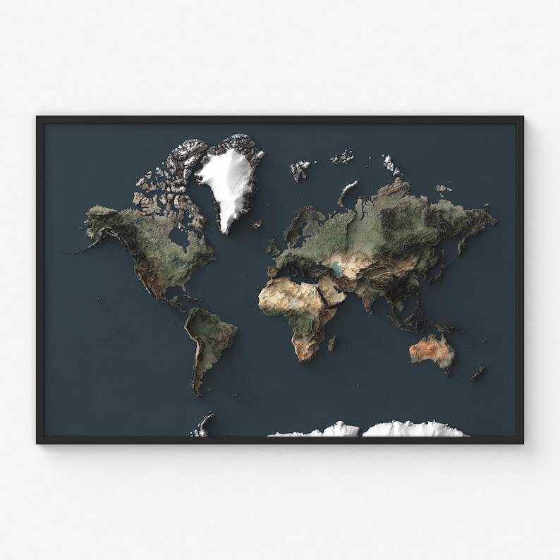 World Map Print | Modern Topographic Wall Art | Giclée Poster Print - Etsy
