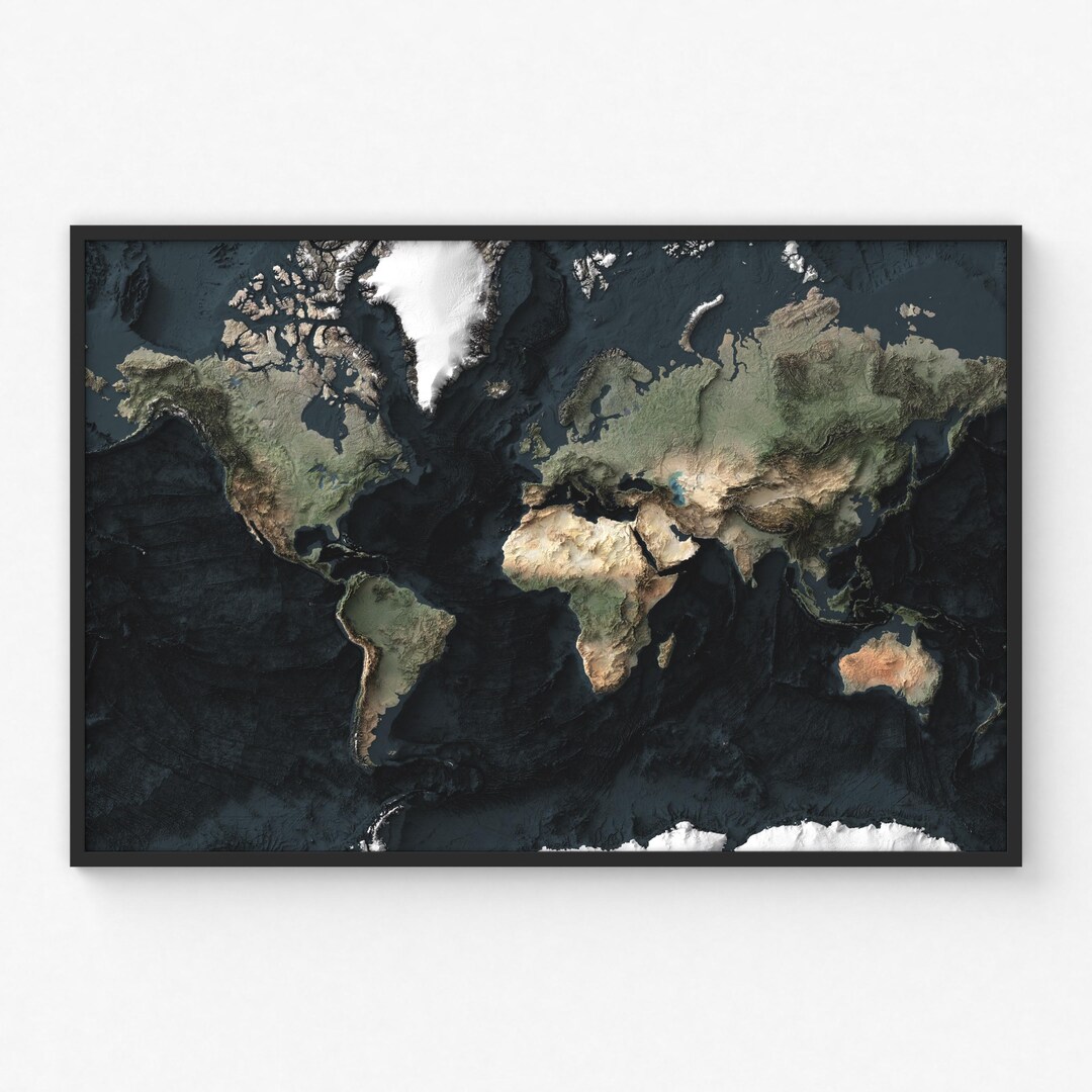 World Land & Ocean Map Print | Modern Topographic Wall Art | Giclée ...