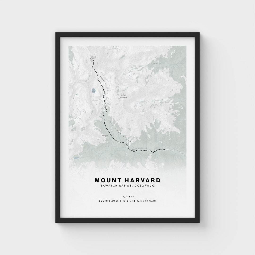 Mount Harvard Trail Map Print | Sawatch Range Colorado Fourteener ...