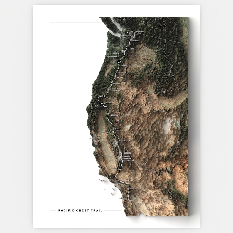 Pacific Crest Trail Map Print | Modern Topographic Wall Art | Giclée ...