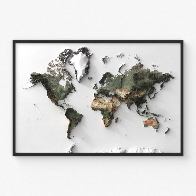 World Map Print | Modern Topographic Wall Art | Giclée Poster Print - Etsy