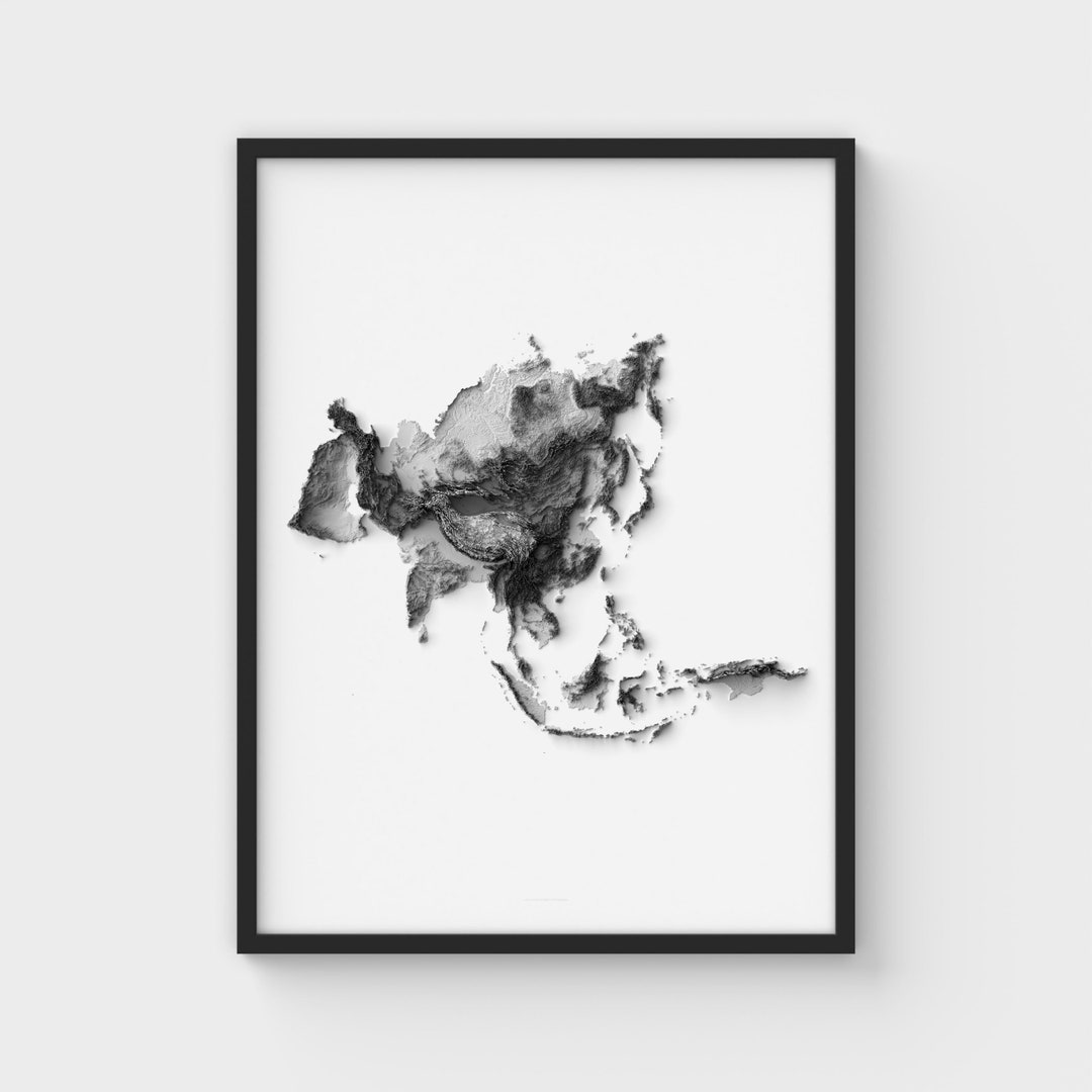 Asia Shaded Relief Map Modern Topographic Wall Art Home & Office Wall ...