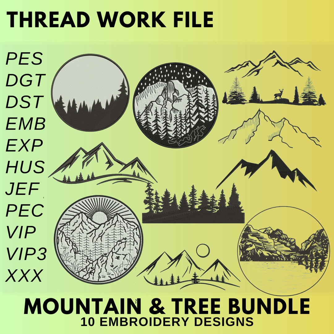 10 Mountain and Tree Embroidery Designs Bundle. Pack of Embroidery ...