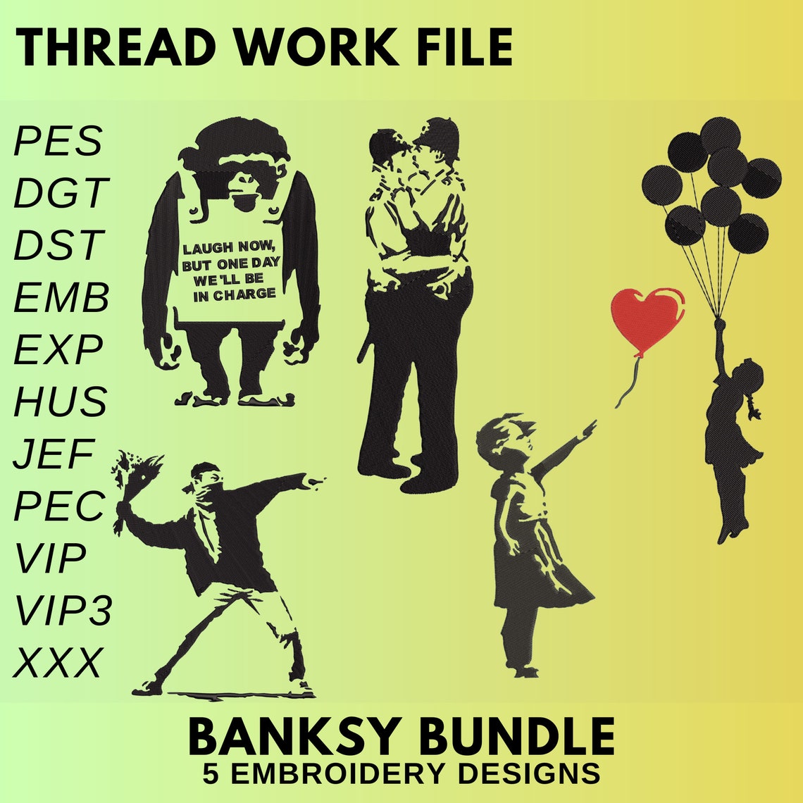 5 Banksy Bundle Embroidery Design. 4x4 and 5x7 Hoop. - Etsy