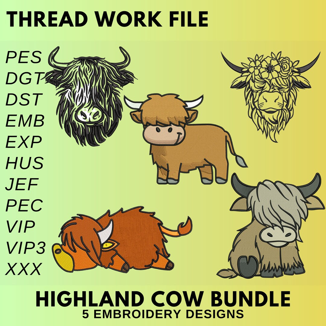 5 Highland Cow Embroidery Designs Bundle. Pack of Embroidery Machine ...
