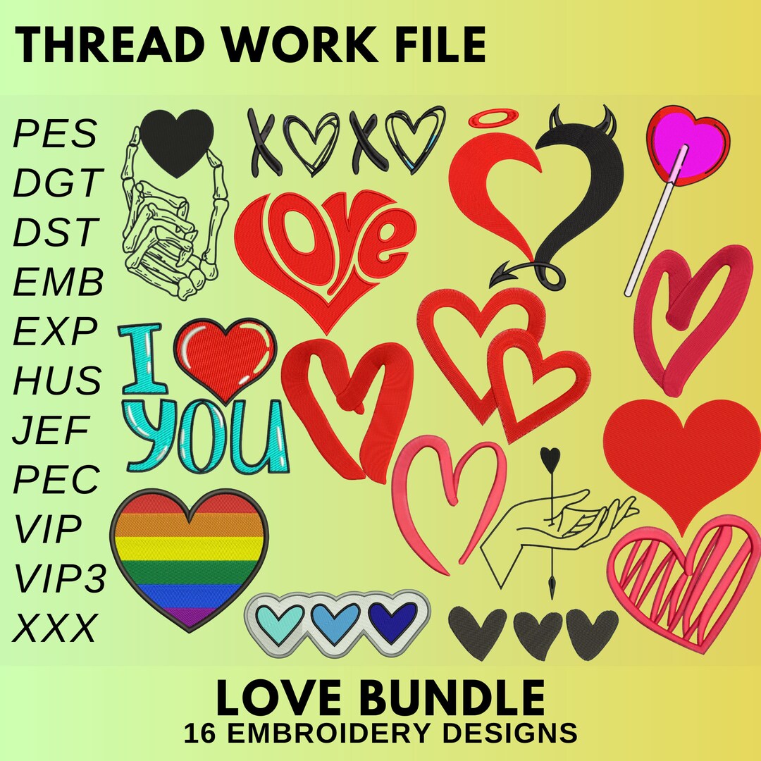 16 Love Heart Embroidery Designs Bundle. Pack of Valentine's Day ...