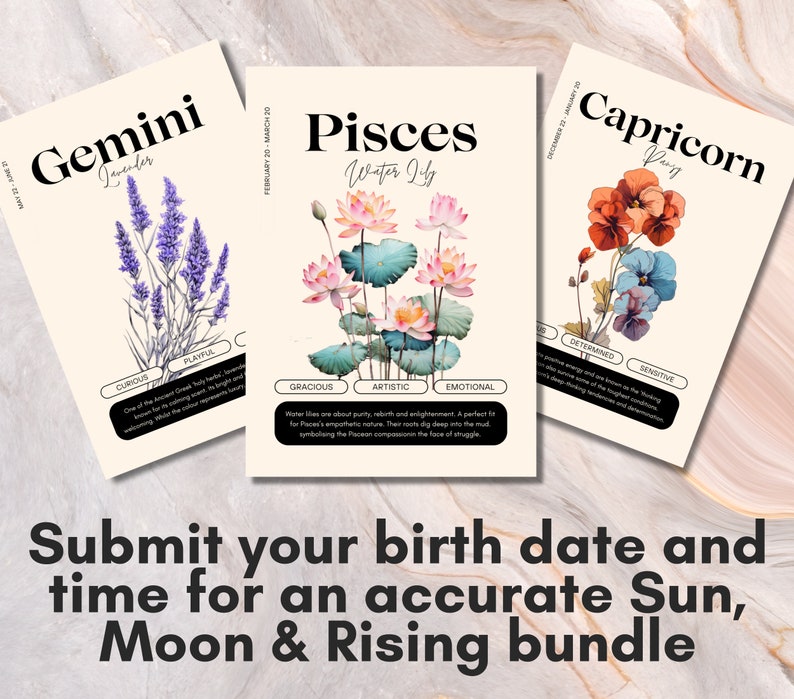 Sun Moon Rising Star Sign Print Bundle Zodiac Flower Digital Download ...