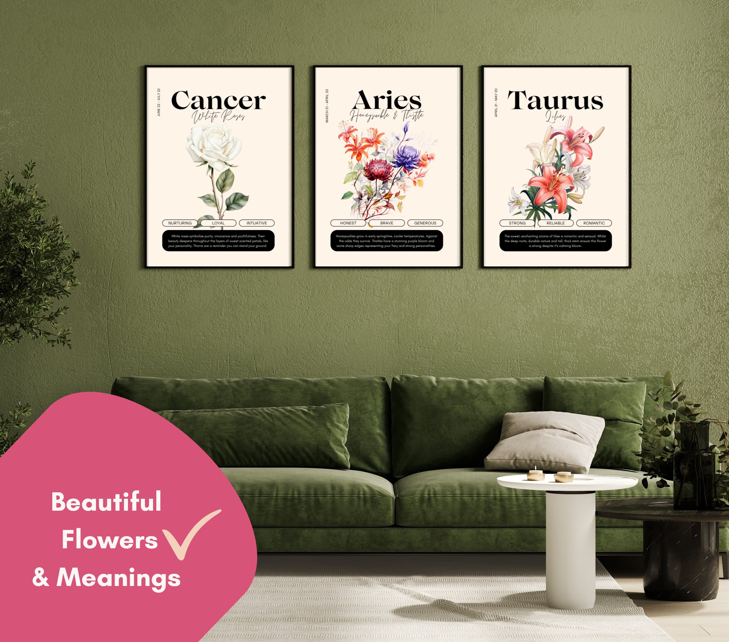 Sun Moon Rising Star Sign Print Bundle | Zodiac Flower Digital Download ...