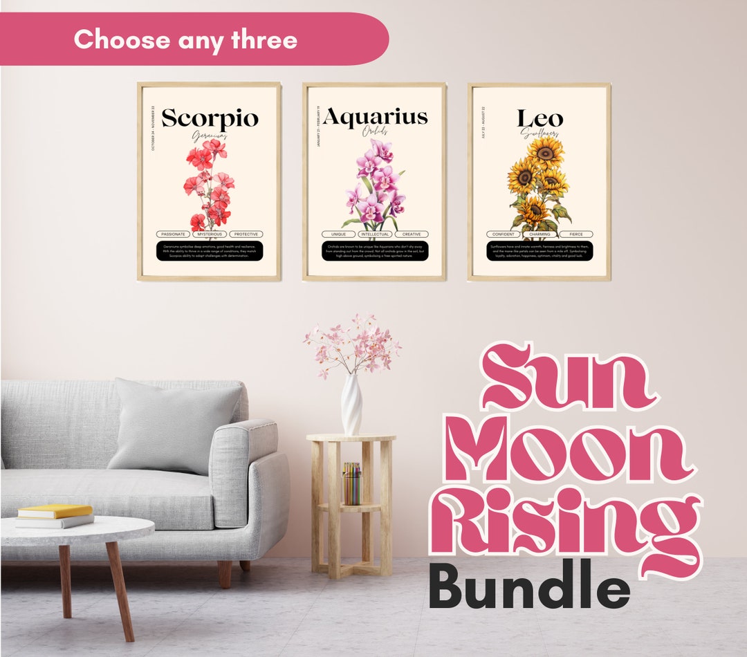 Sun Moon Rising Star Sign Print Bundle | Zodiac Flower Digital Download ...