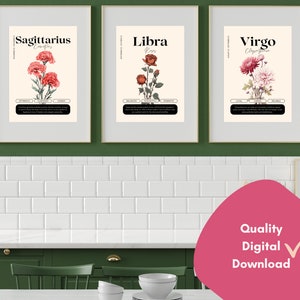 Sun Moon Rising Star Sign Print Bundle | Zodiac Flower Digital Download ...