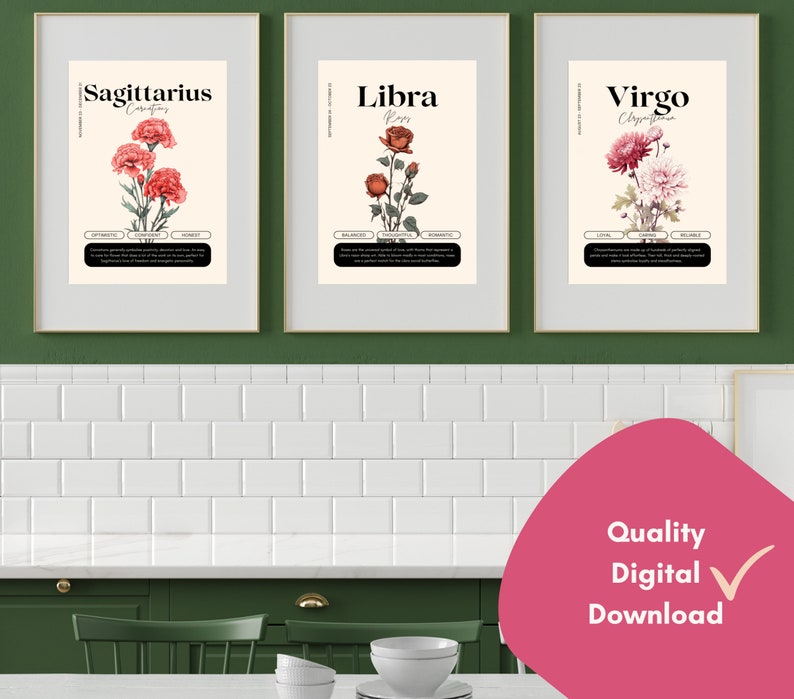 Sun Moon Rising Star Sign Print Bundle Zodiac Flower Digital Download ...