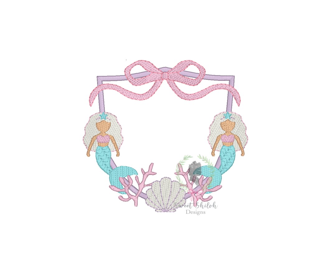 Princess Mermaid Frame Embroidery Design, Clam Shell Mermaid Embroidery ...