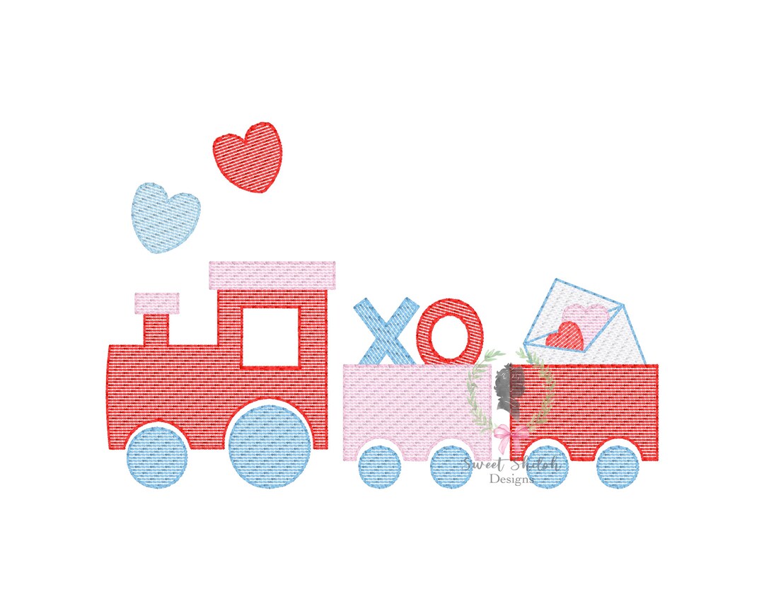 Valentine Train Sketch Design, Train With Hearts Embroidery File, Love ...