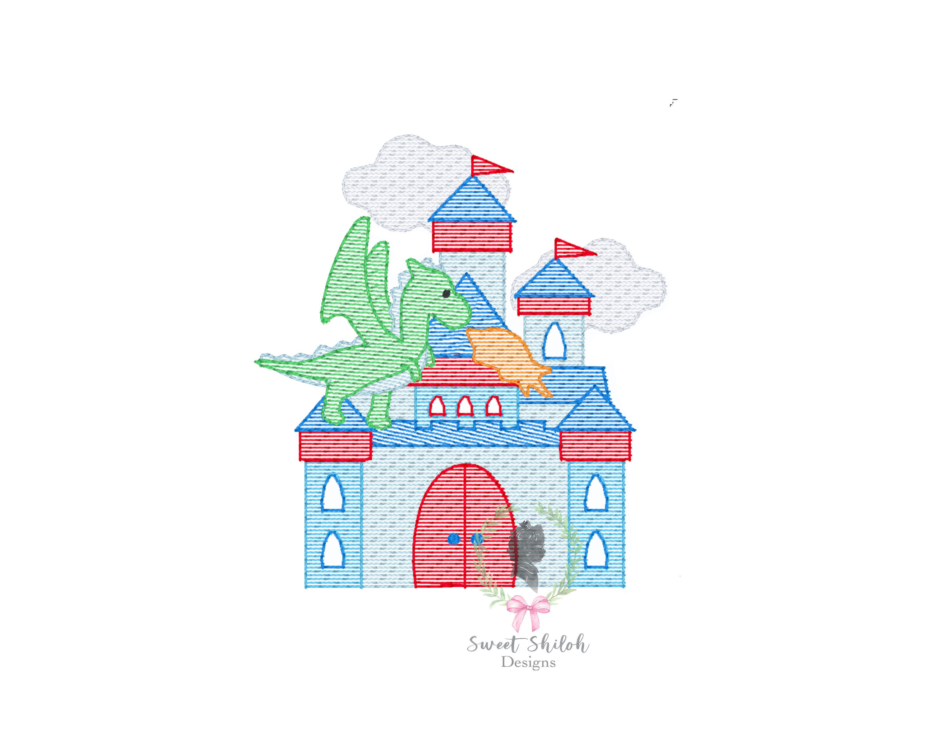 Dragon Castle Embroidery Design, Sketch Dragon Fire Castle Embroidery ...