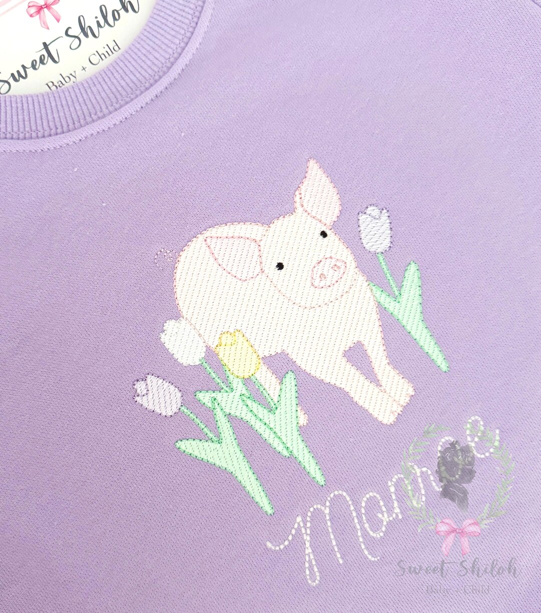 Pig With Tulips Sketch Embroidery Design, Pig With Spring Flowers ...