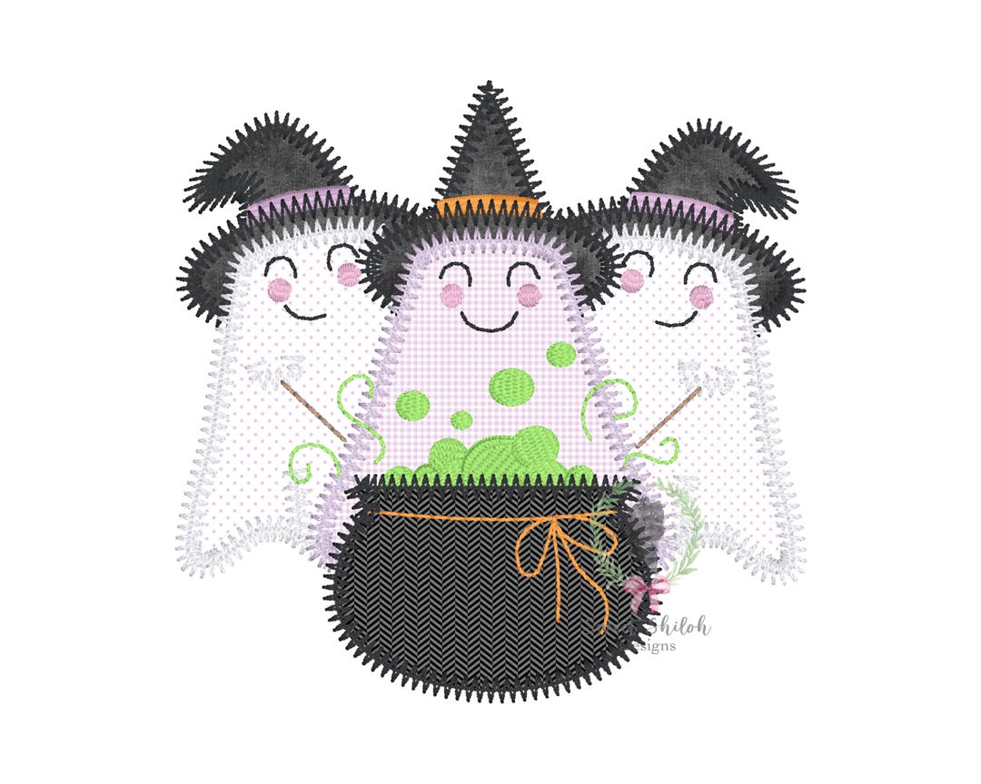 Halloween Witch Ghost Trio Applique Design, Witch Ghost Cauldron Zigzag ...