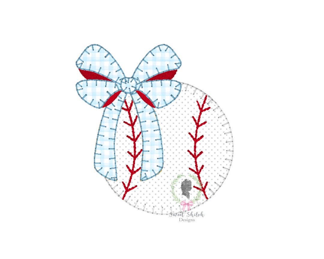 Baseball With Bow Applique Design, Softball Ribbon Blanket Stitch ...