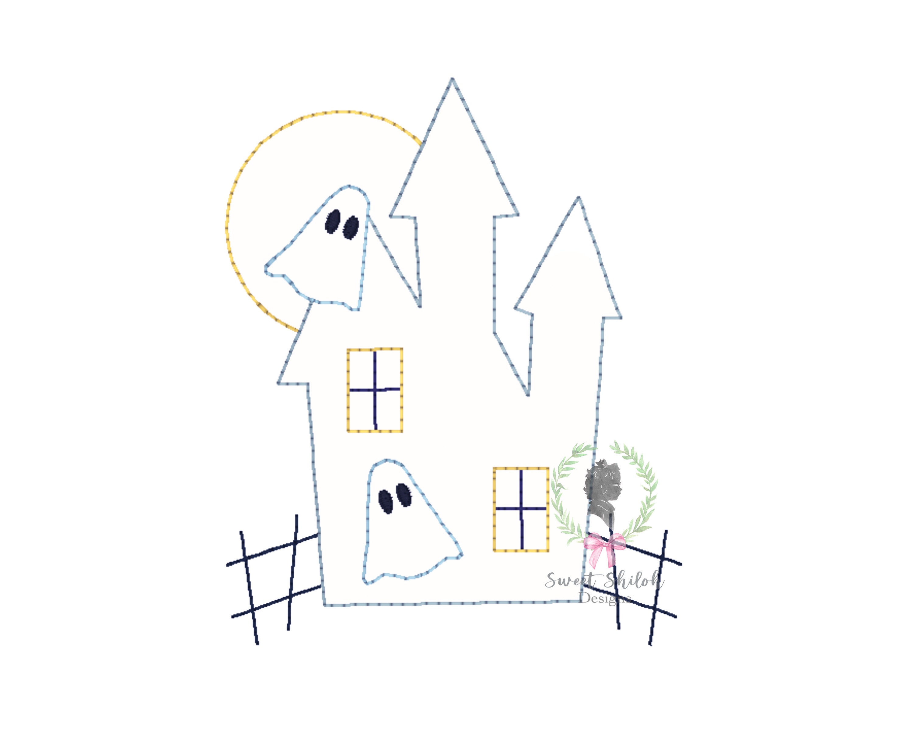 Haunted House Vintage Embroidery Design, Halloween Haunted Ghost Design ...