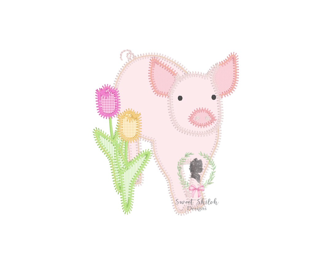 Pig With Tulips Applique Embroidery Design, Pig With Spring Flowers ...