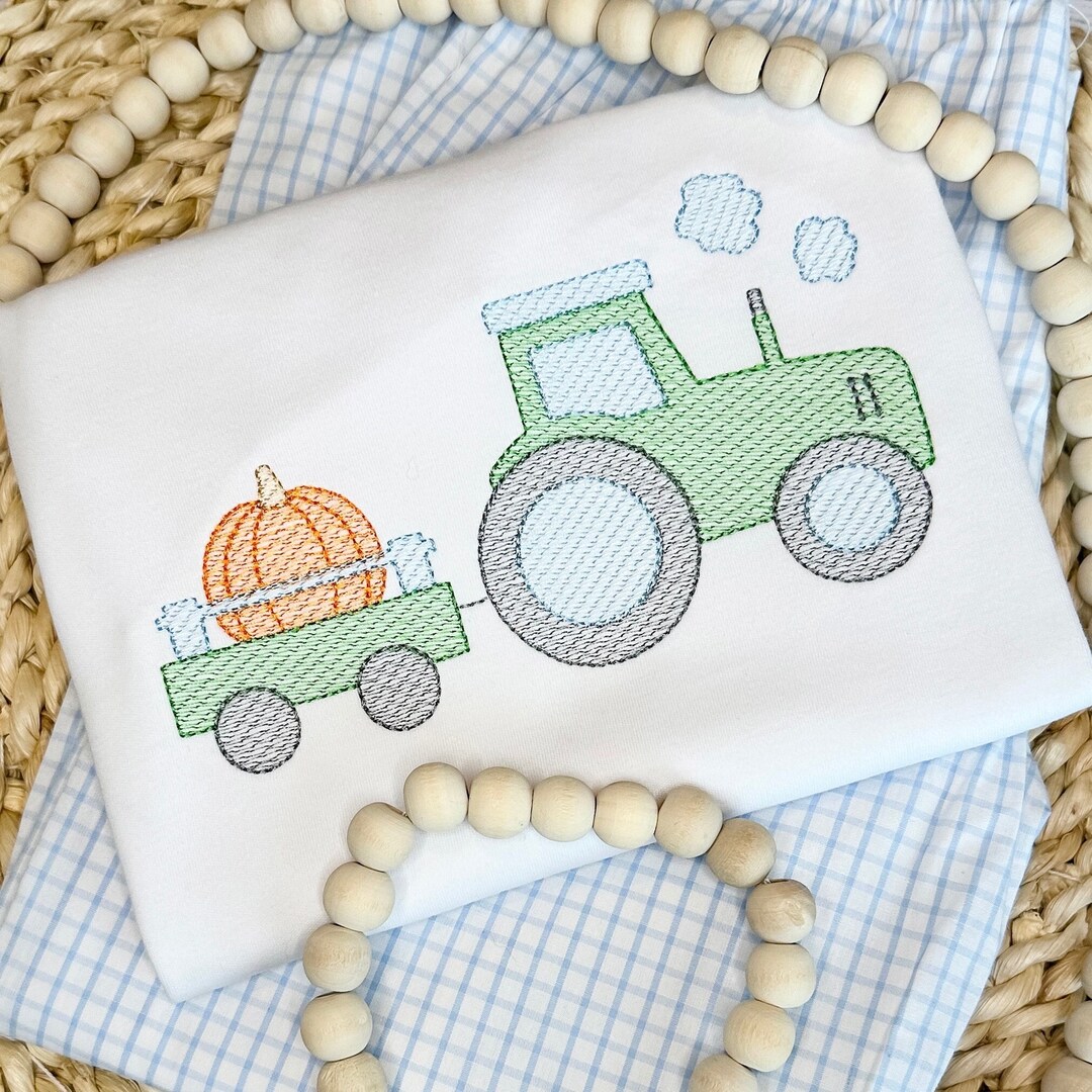 Tractor With Pumpkin Embroidery Design, Sketch Farm Tractor Embroidery ...