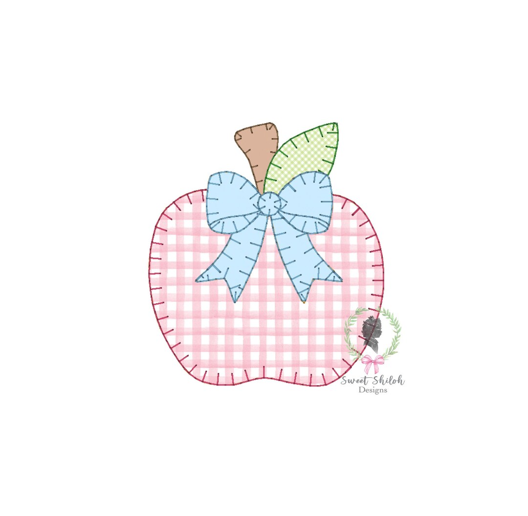 Blanket Stitch Apple Bow Applique File, Back to School Apple Ribbon ...