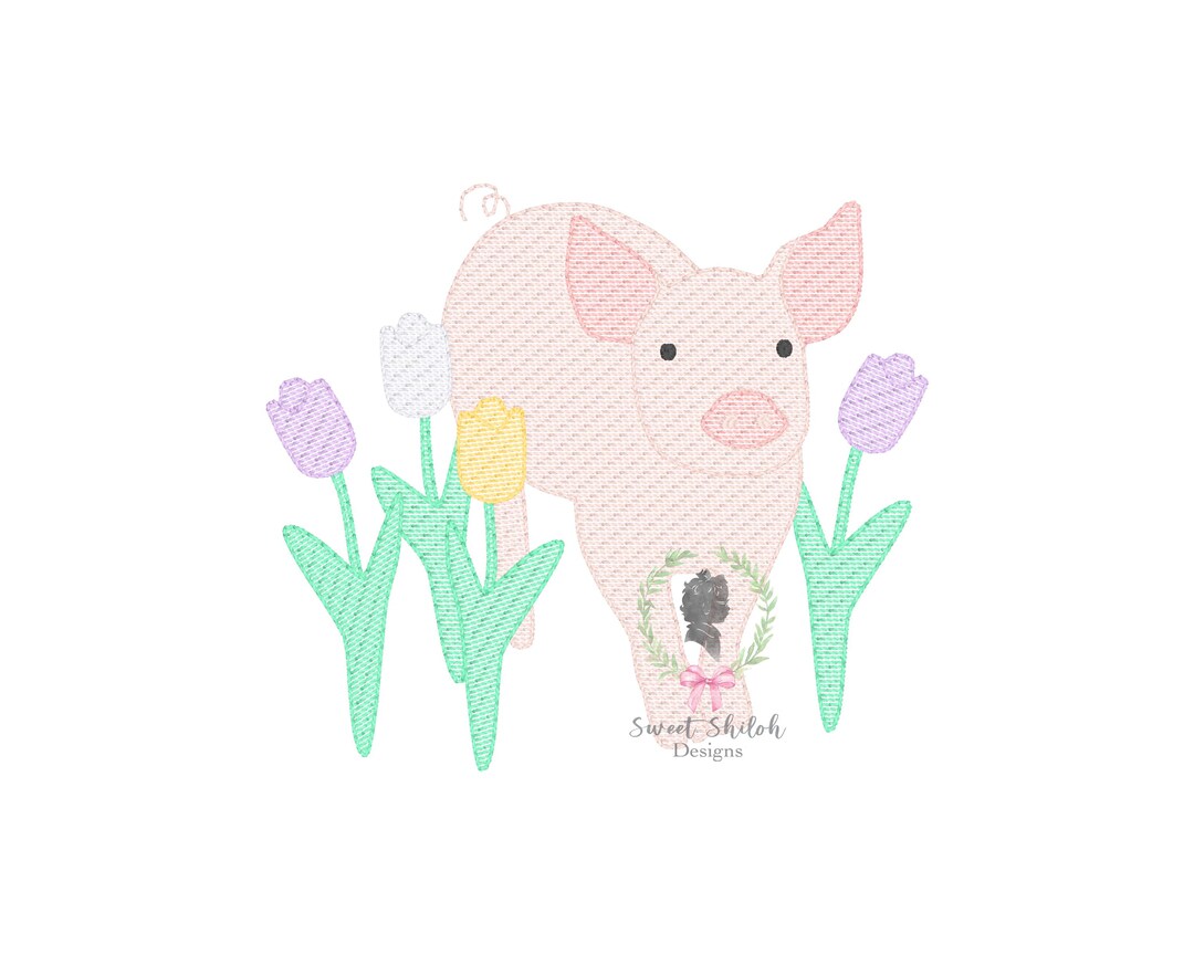 Pig With Tulips Sketch Embroidery Design, Pig With Spring Flowers ...