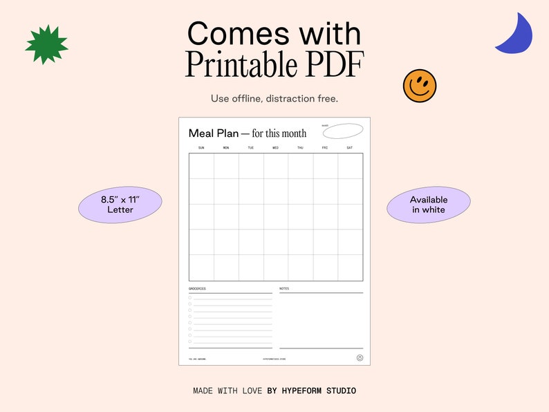 Monthly Meal Planner With Grocery List Printable Template, 30 Day Menu ...