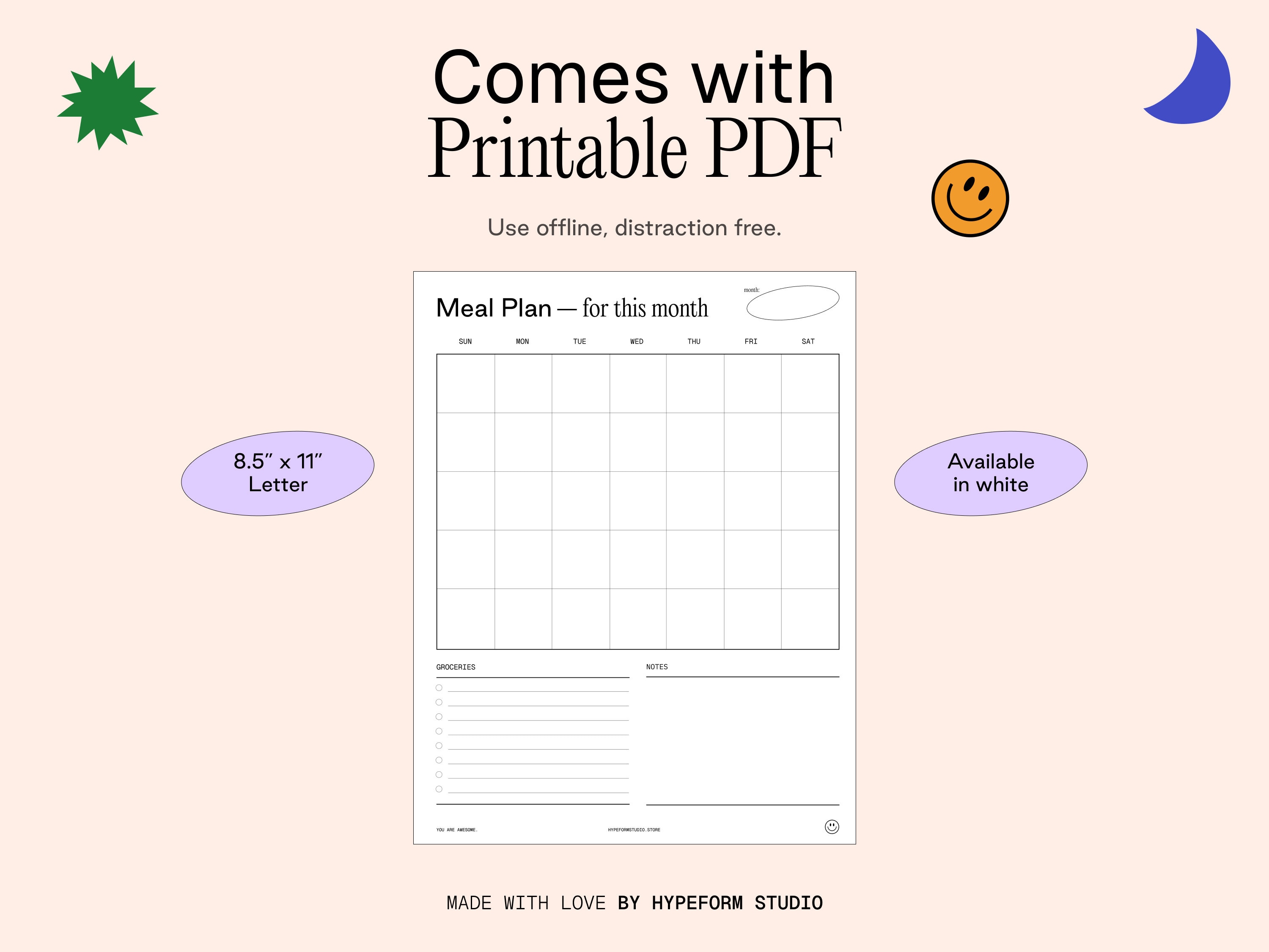 Monthly Meal Planner With Grocery List Printable Template, 30 Day Menu ...