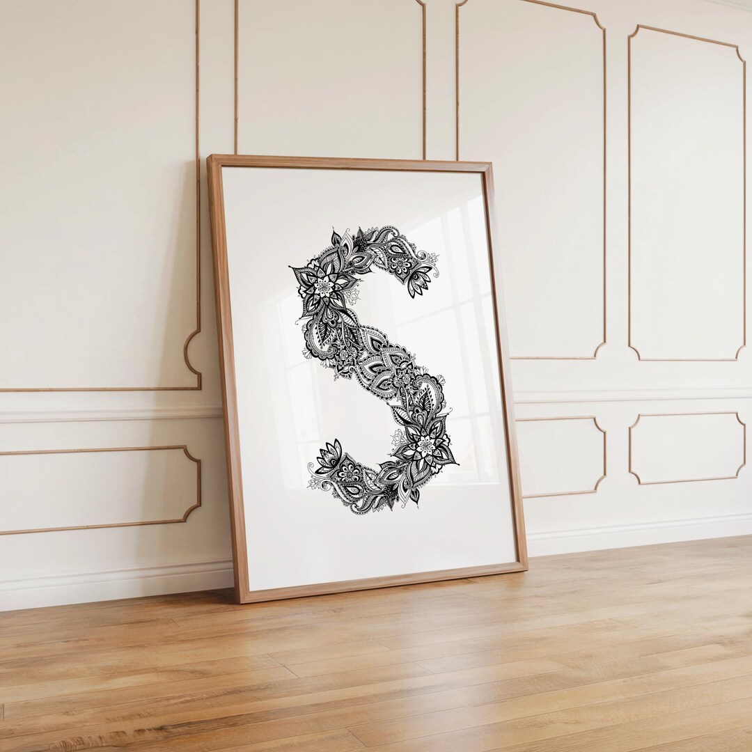 Boho Chic Printable Art: Monochromatic Mandala Initial S Design ...
