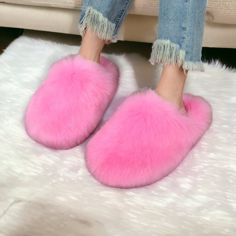 Faux Fox Fur Slippers Furry Slides for Her, Warm Sandals, Vegan Fox Fur ...