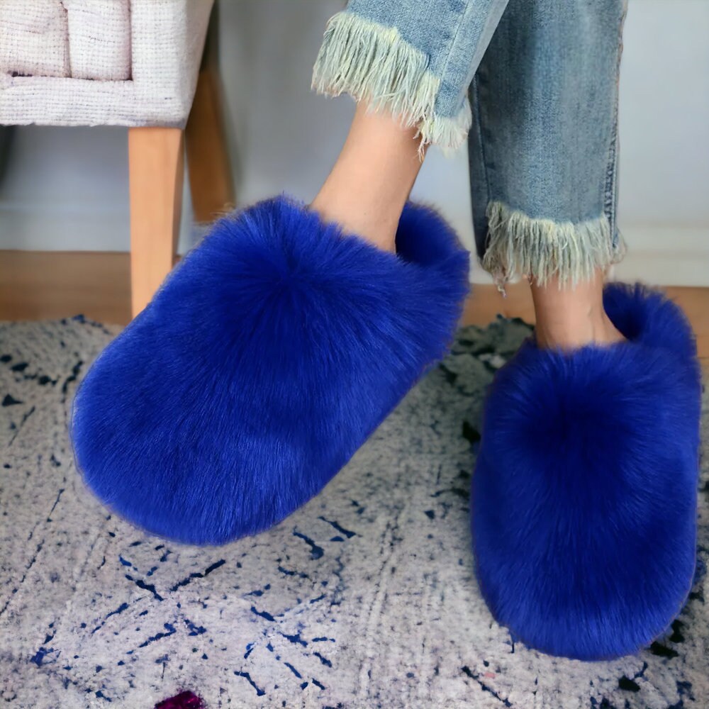 Faux Fox Fur Slippers Furry Slides for Her, Warm Sandals, Vegan Fox Fur ...