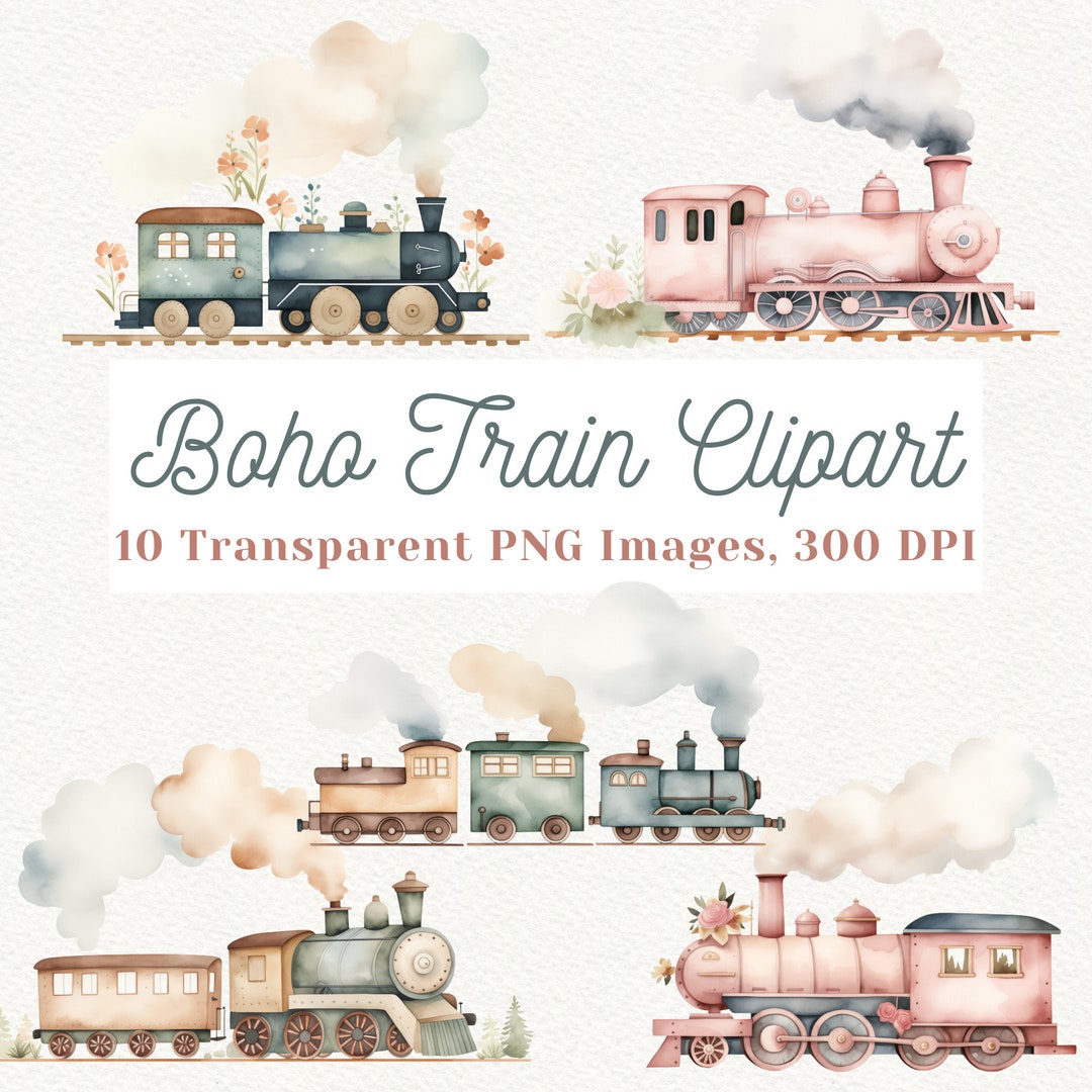 Boho Train Clipart, Train Watercolor Clipart, Steam Train Clipart, Baby ...