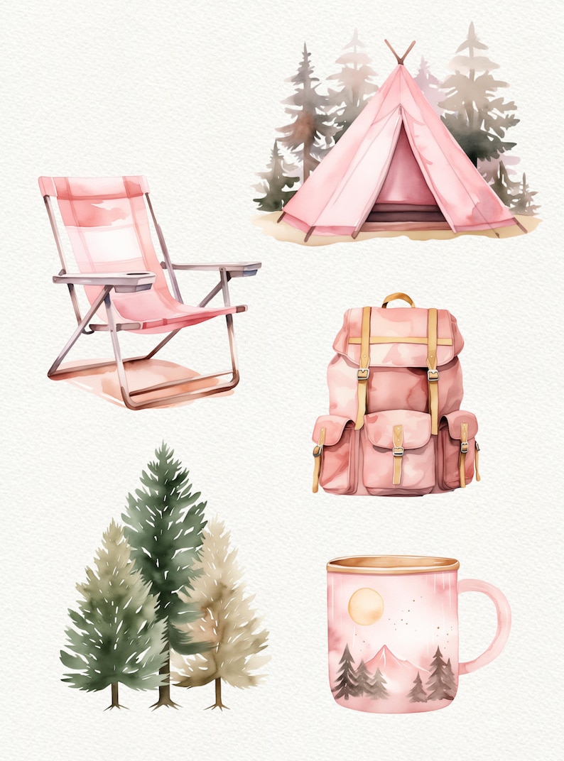 Watercolor Pink Camping Clipart: Girly Campfire PNG Images (digital ...