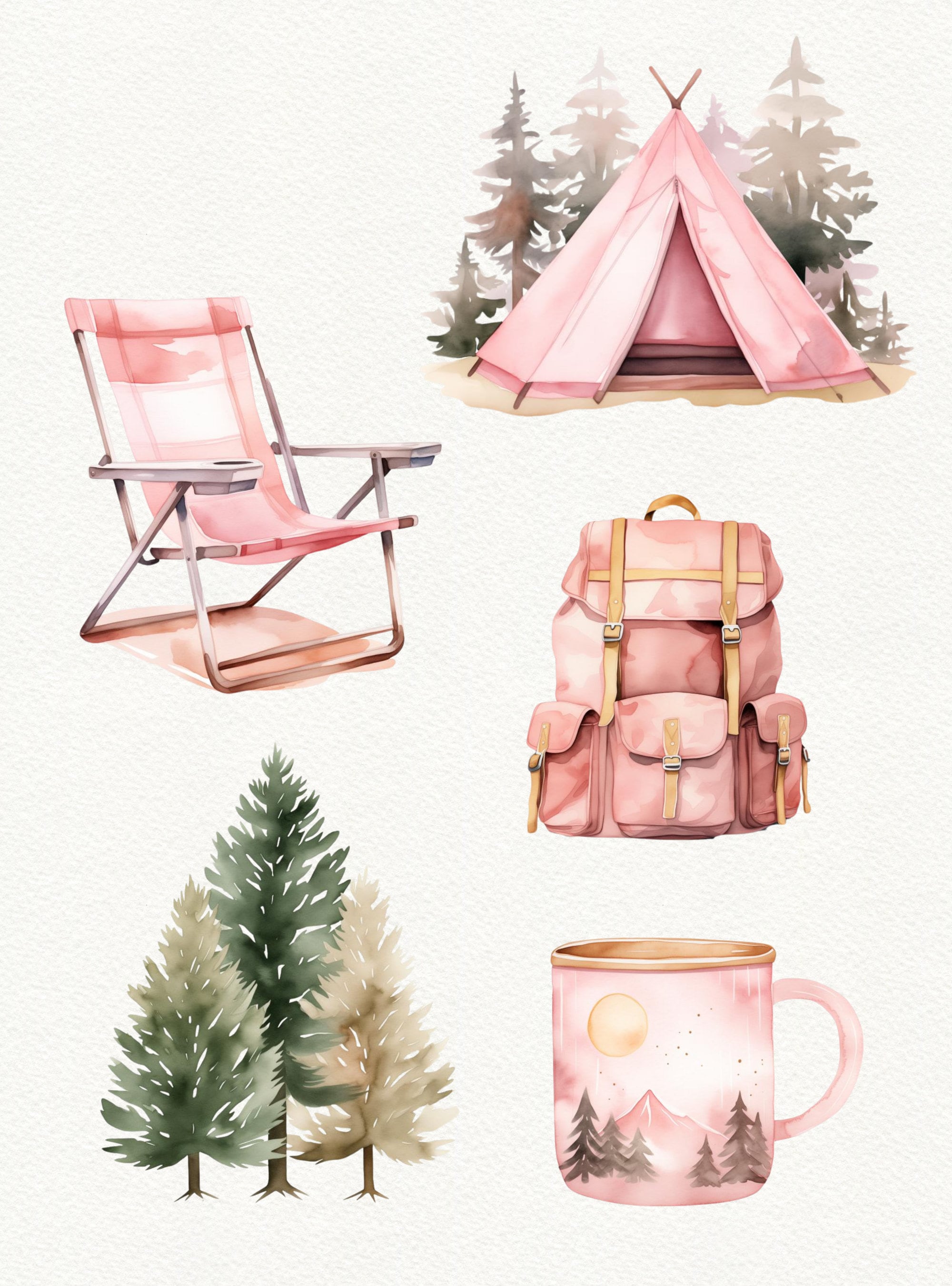 Watercolor Pink Camping Clipart: Girly Campfire PNG Images (digital ...