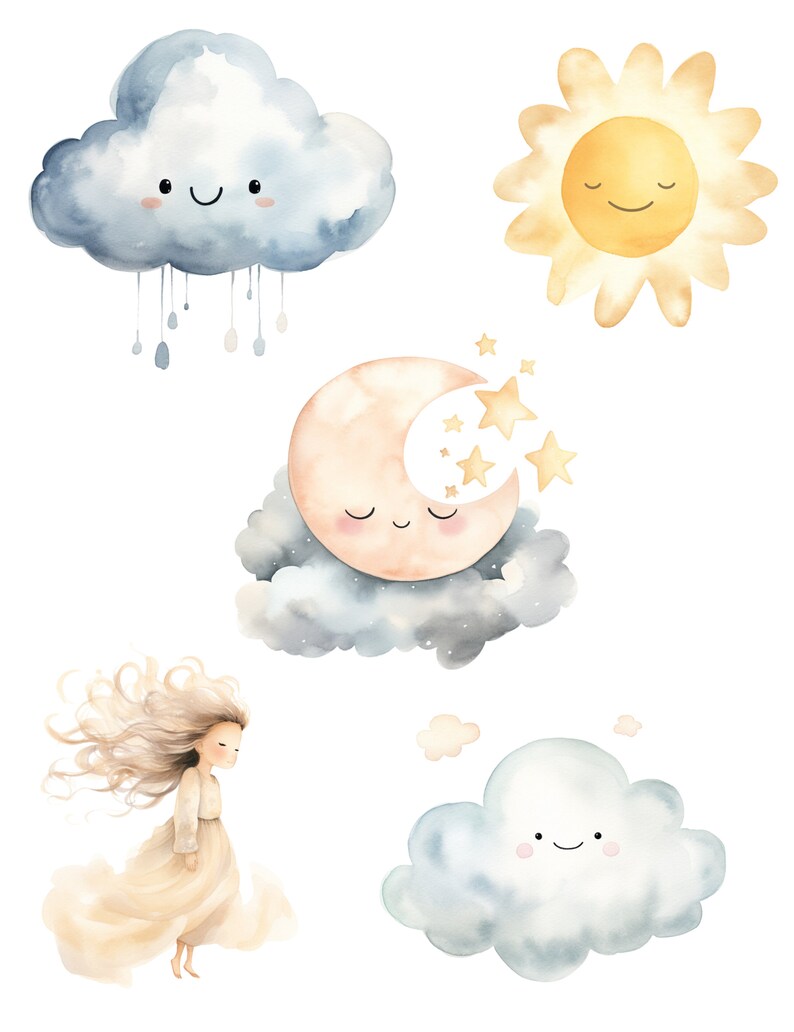 Watercolor Weather Clipart, Kawaii Weather Clipart, Rainbow Clipart ...
