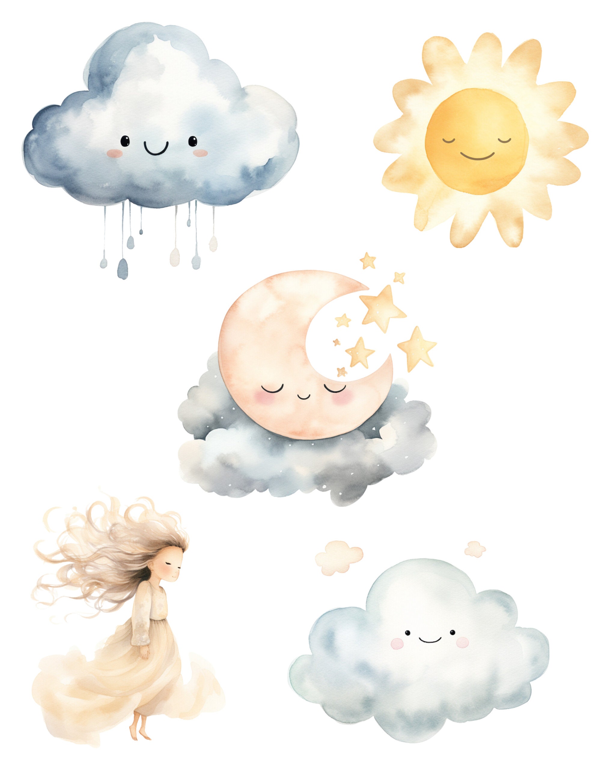 Watercolor Weather Clipart, Kawaii Weather Clipart, Rainbow Clipart ...