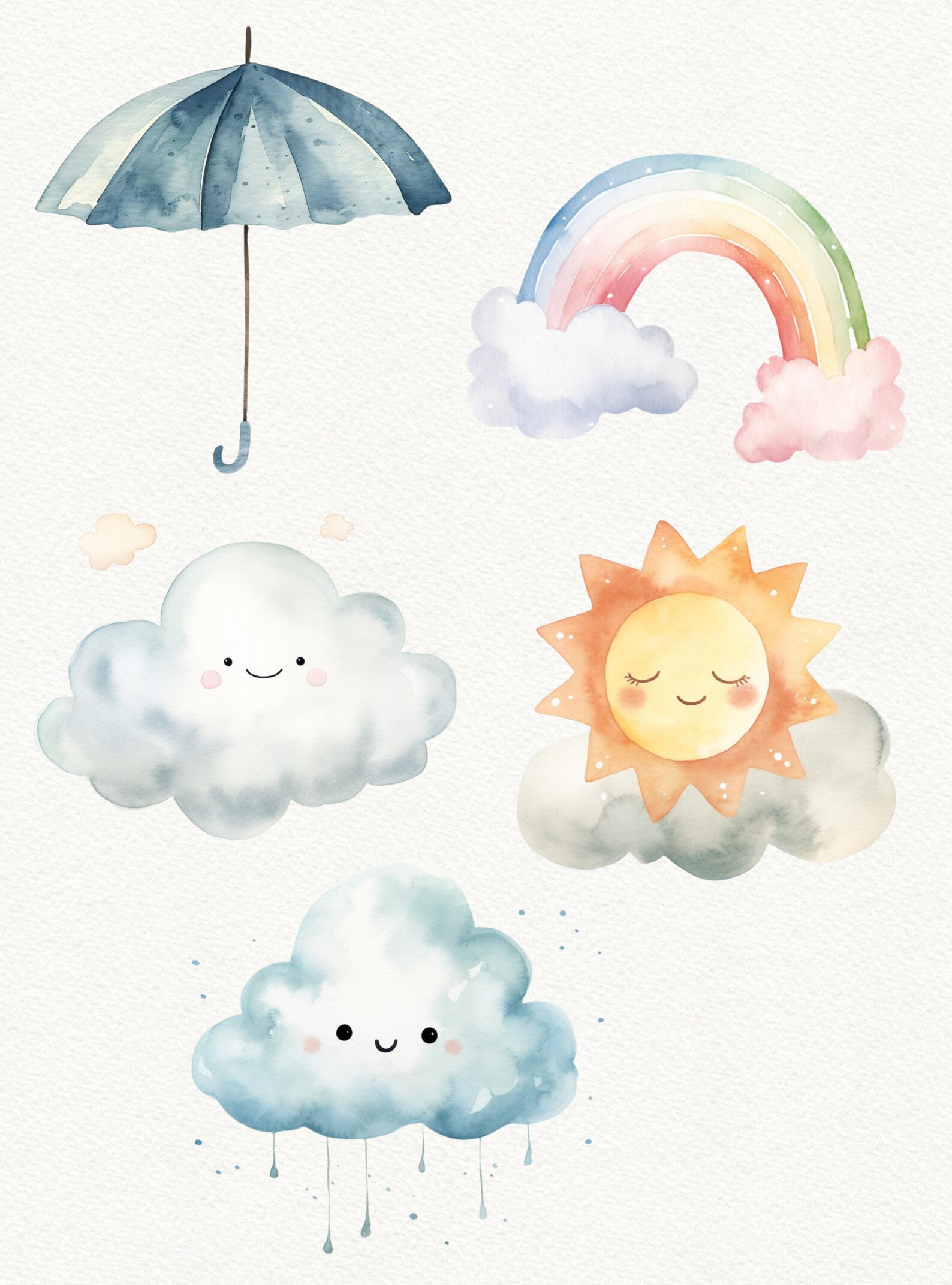 Watercolor Weather Clipart: Kawaii Clouds, Rainbow, Sun (PNG Digital ...