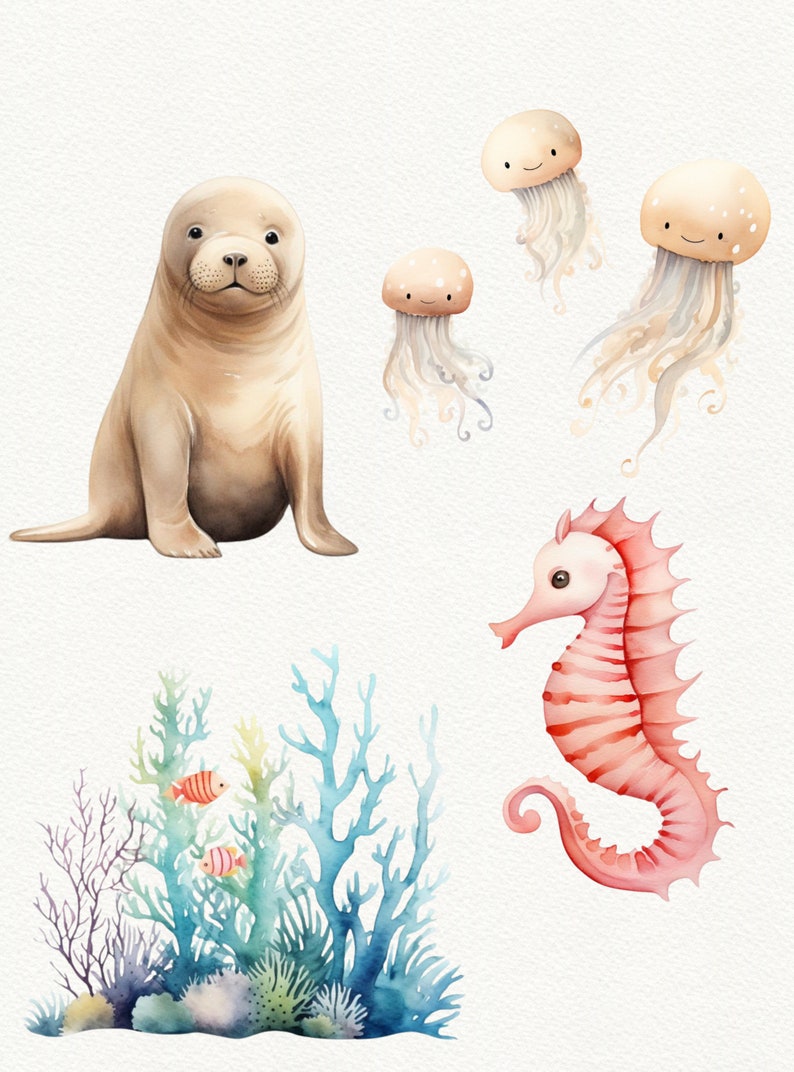 Watercolor Sea Life Clipart: Ocean Animals, Whales, Coral (PNG Digital ...