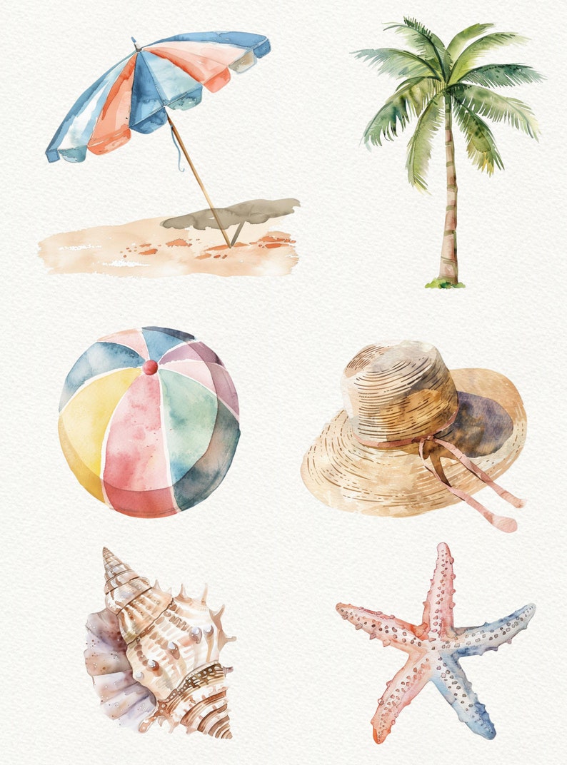Watercolor Beach Day Clipart: Summer Vacation PNG Images (digital ...