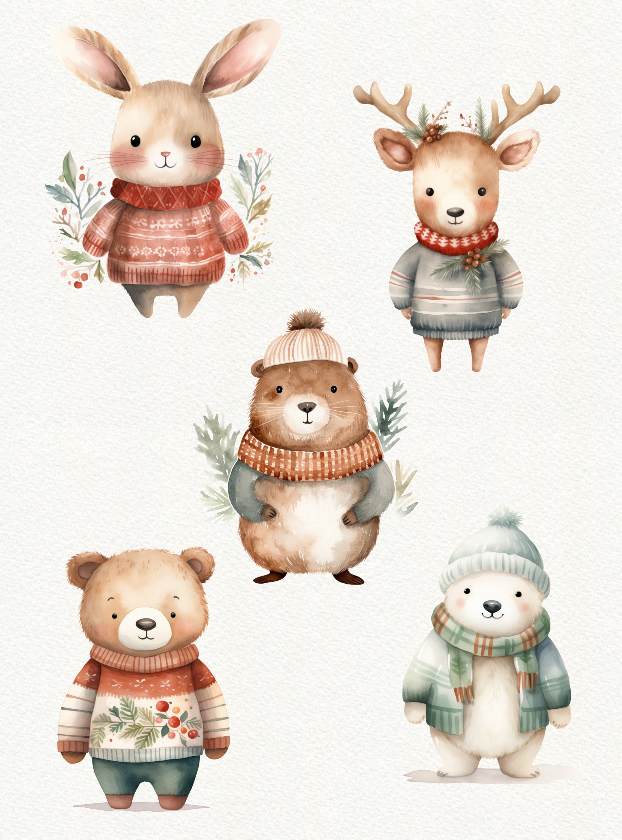 Watercolor Christmas Animal Clipart: Festive Winter PNG Images (digital ...