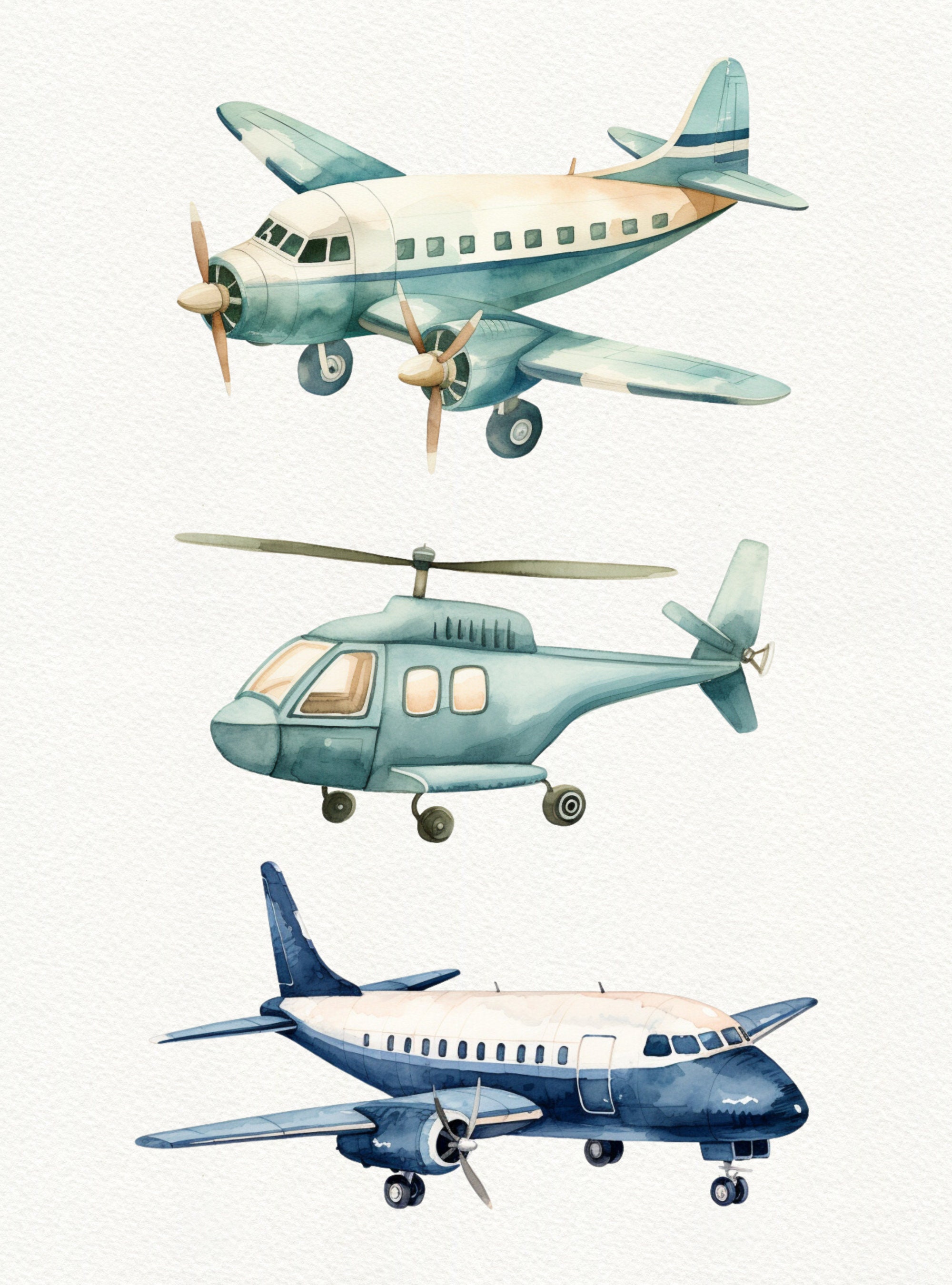 Watercolor Airplane & Helicopter Clipart: Aviation PNG Images (digital ...