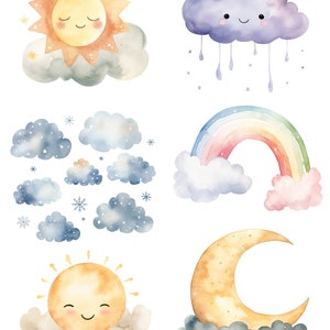 Watercolor Weather Clipart, Kawaii Weather Clipart, Rainbow Clipart ...