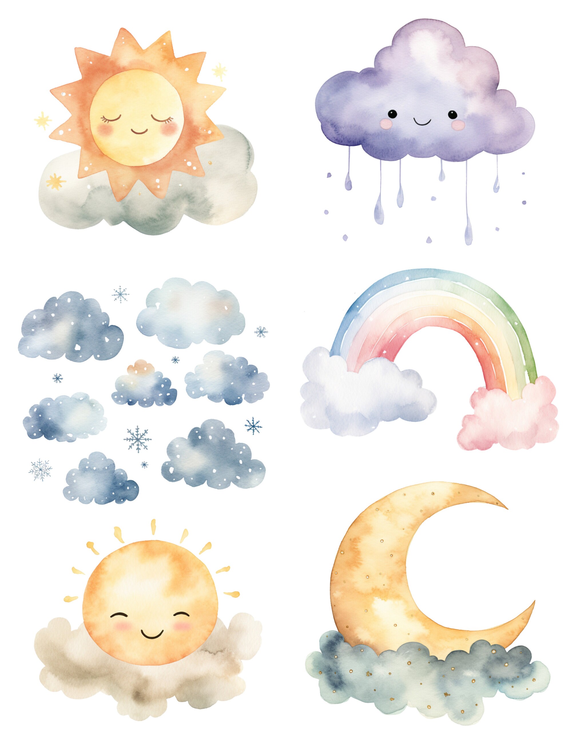 Watercolor Weather Clipart, Kawaii Weather Clipart, Rainbow Clipart ...