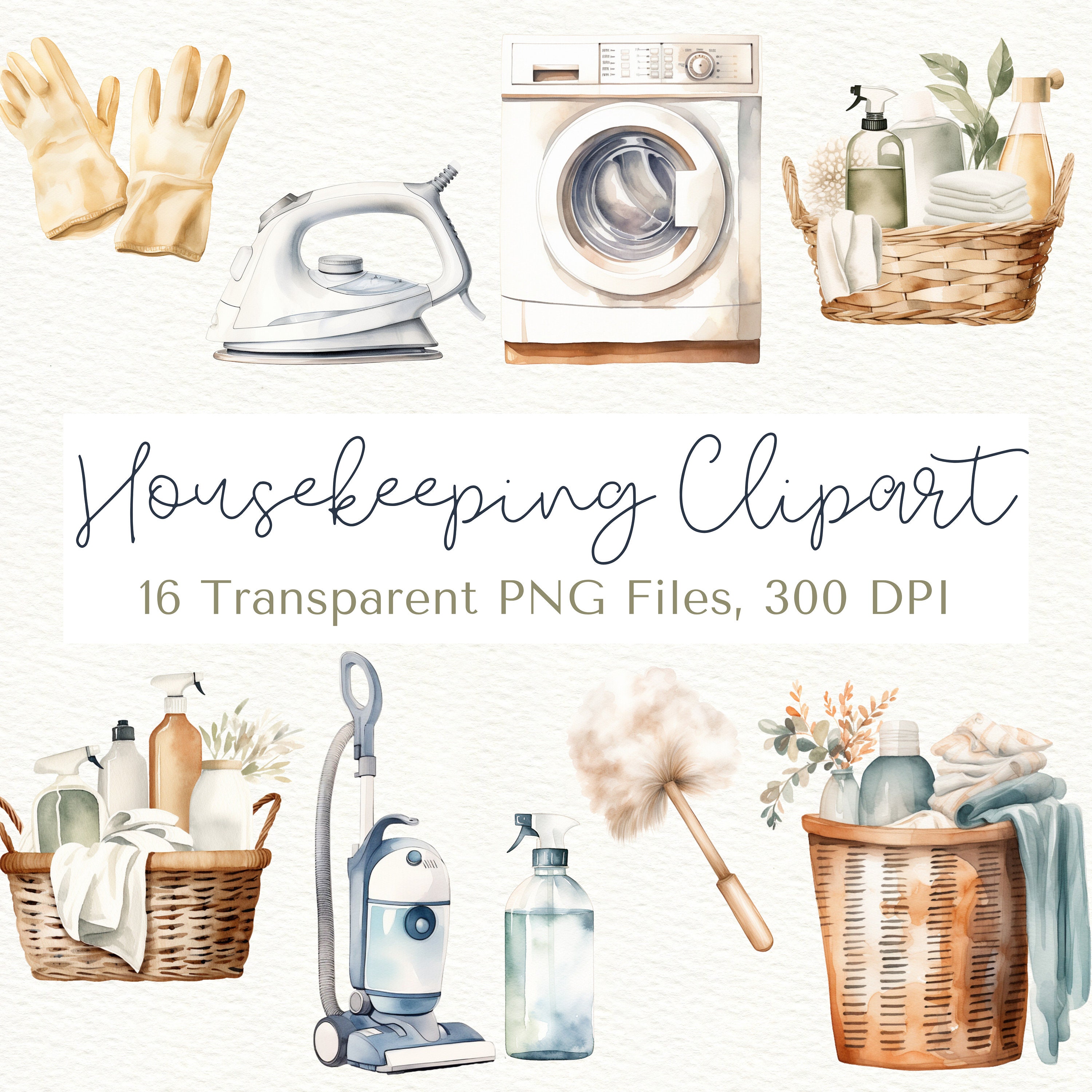 Cute Housekeeping Clipart, Watercolor Cleaning Supplies, Cleaning ...