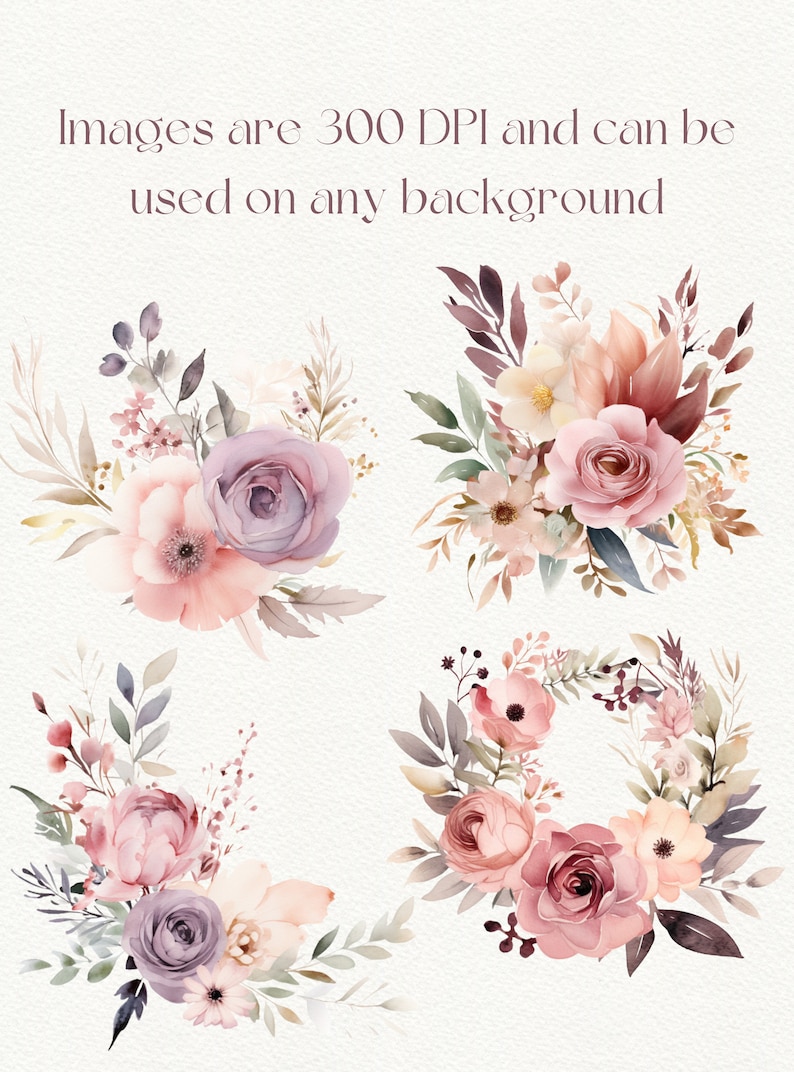 Watercolor Blush & Plum Floral Clipart: Wedding Wreath PNG (digital ...