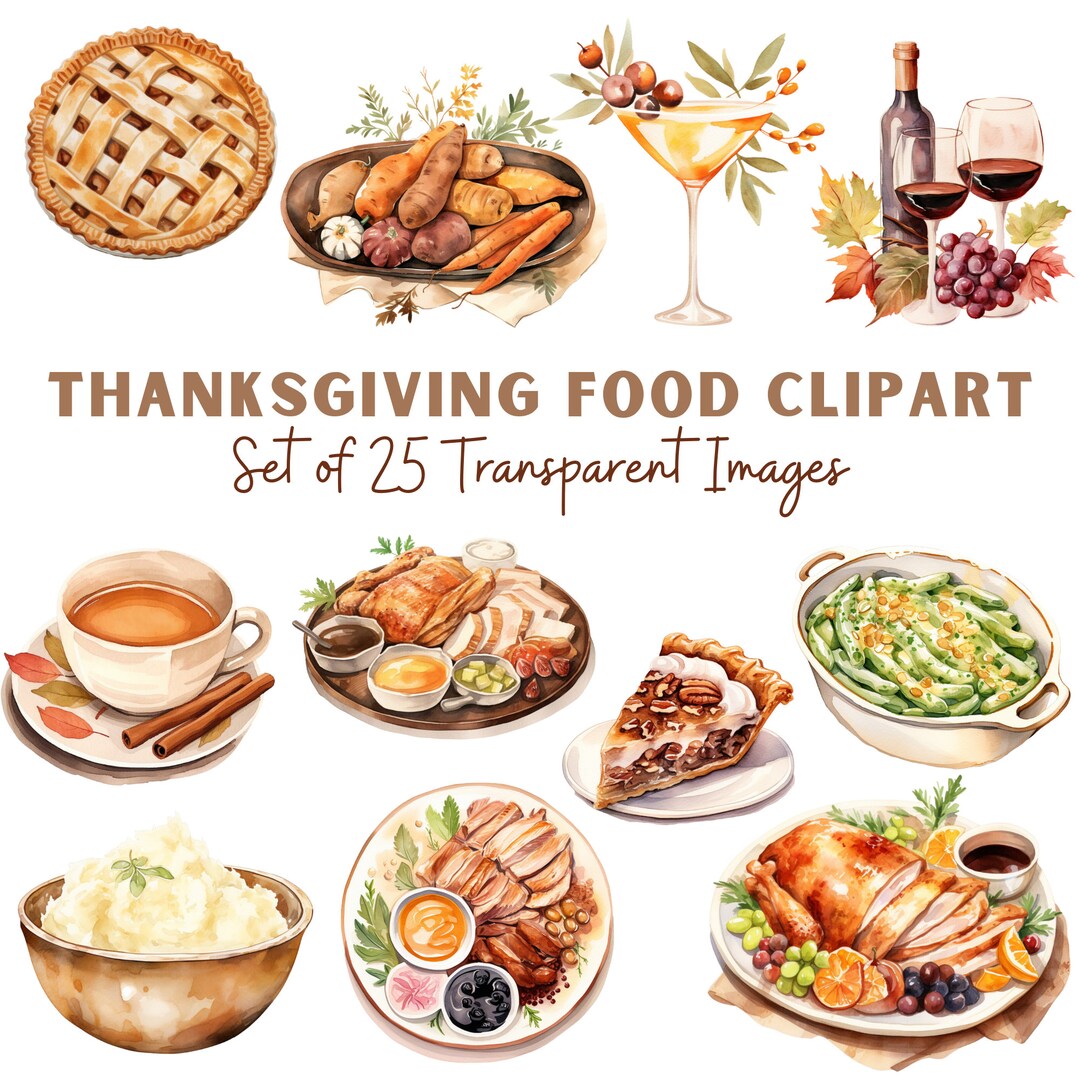 Watercolor Thanksgiving Food Clipart: Turkey, Pie, Drinks (PNG Digital ...