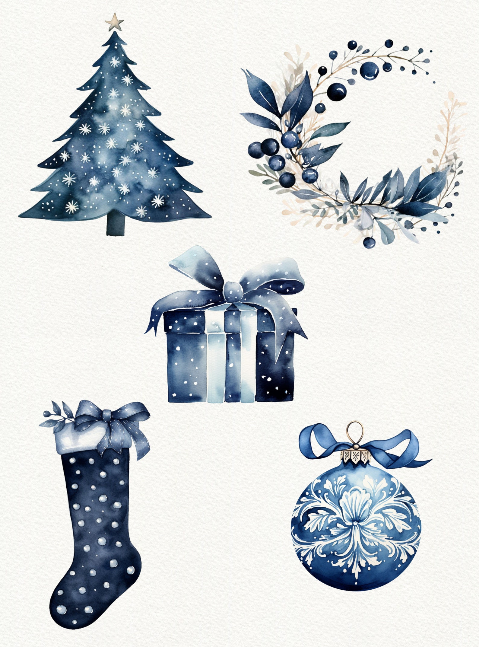 Blue Christmas Clipart: Watercolor Winter PNG Images (digital Download ...