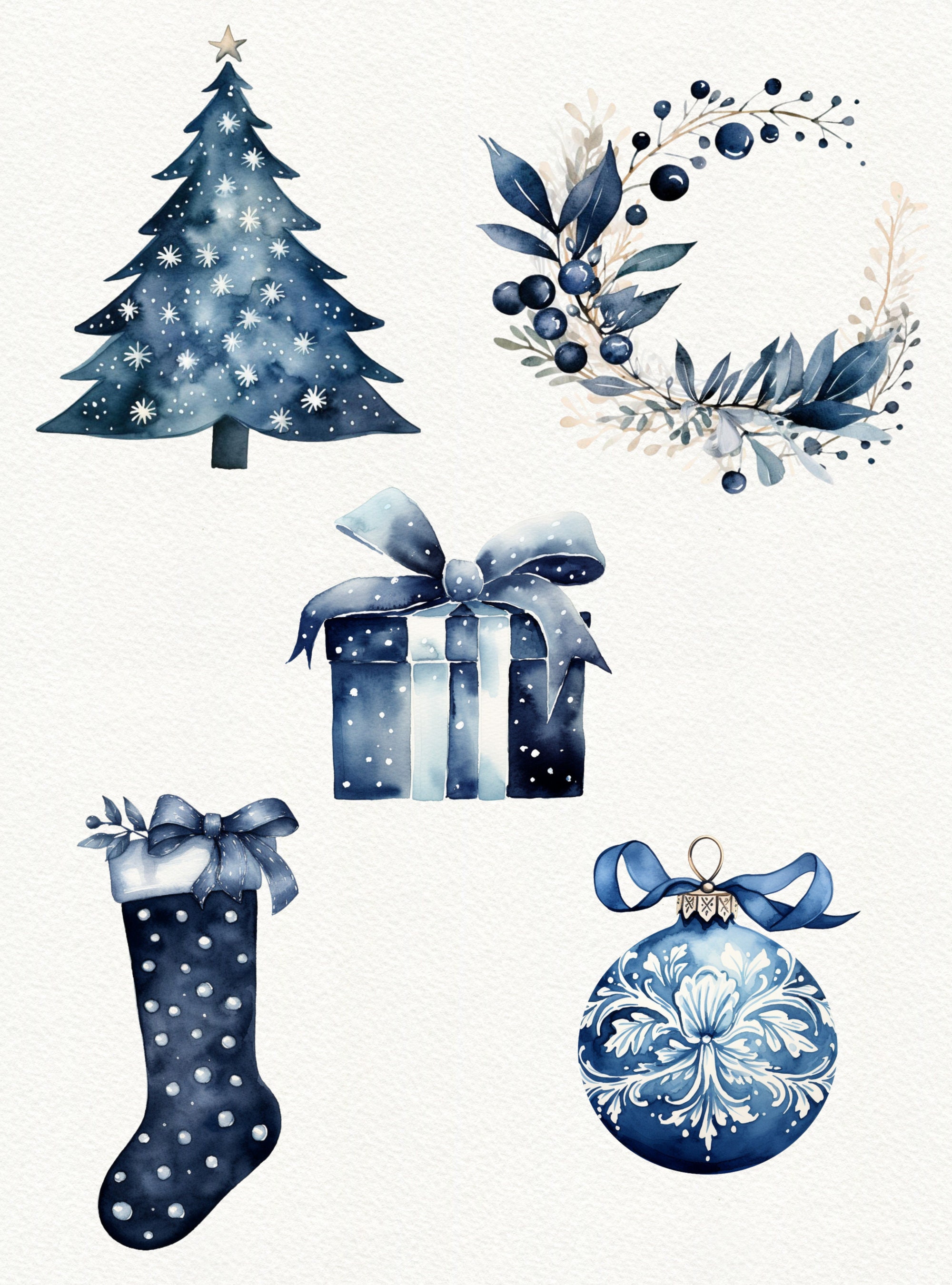 Blue Christmas Clipart: Watercolor Winter PNG Images (digital Download ...