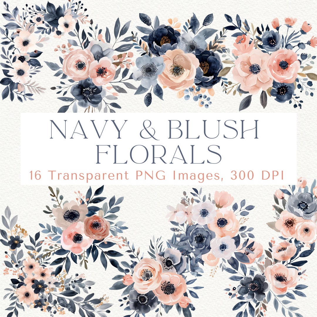 Blush Pink and Navy Floral Clipart, Navy and Blush Clipart, Floral ...