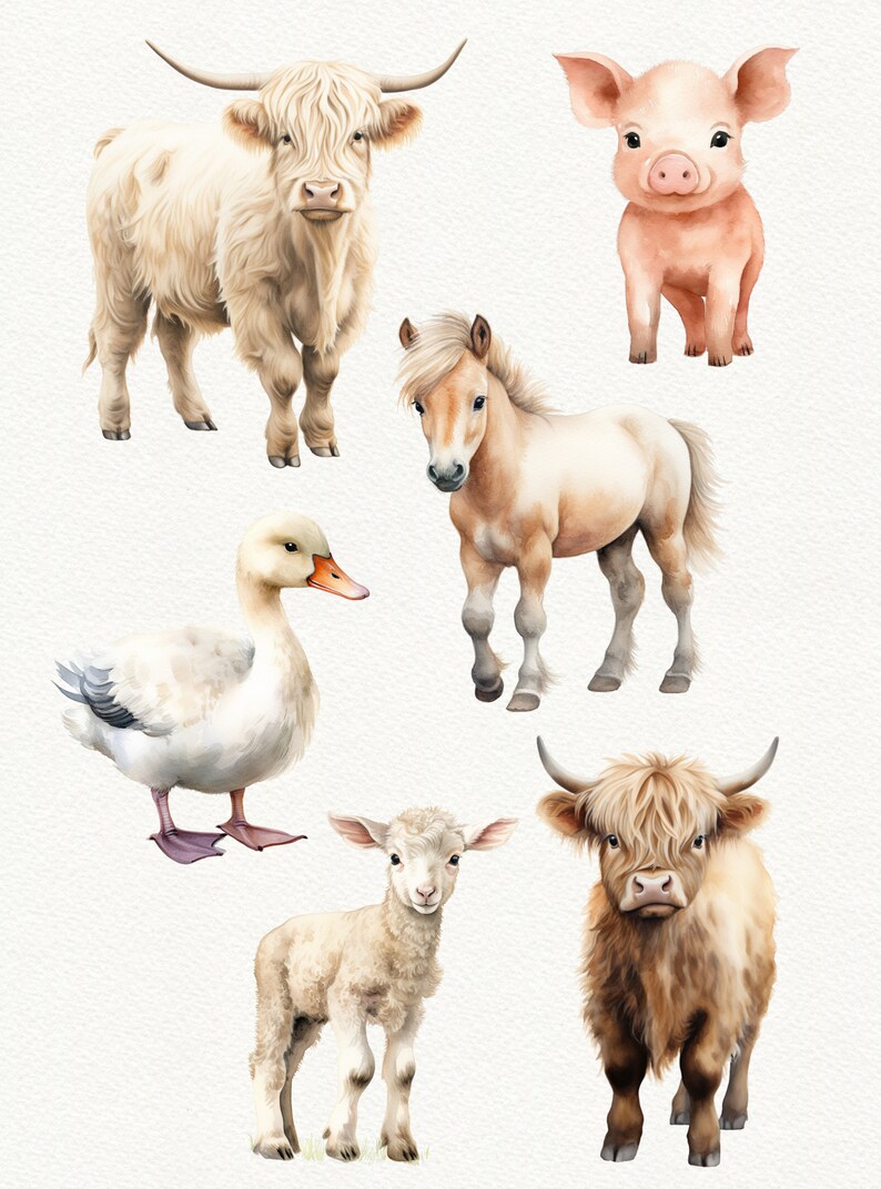 Watercolor Farm Animals Clipart: Highland Cow, Pony, Goat (PNG) - Etsy